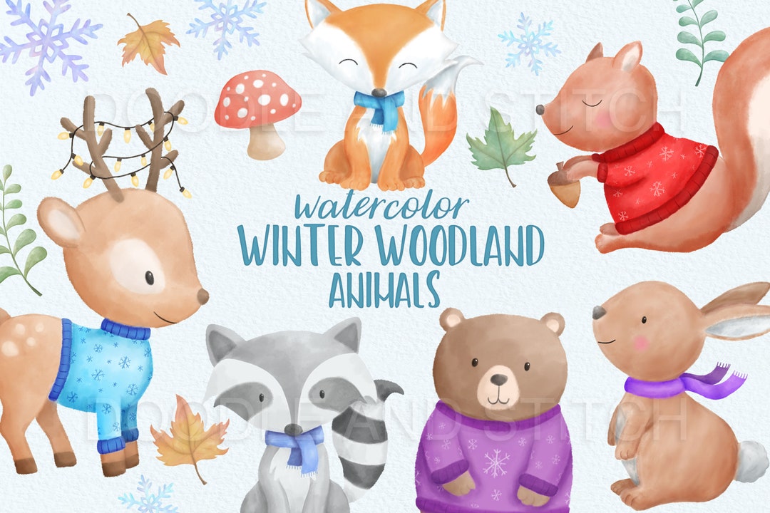 Winter Woodland Animal Clipart, Watercolor Woodland Animal ...