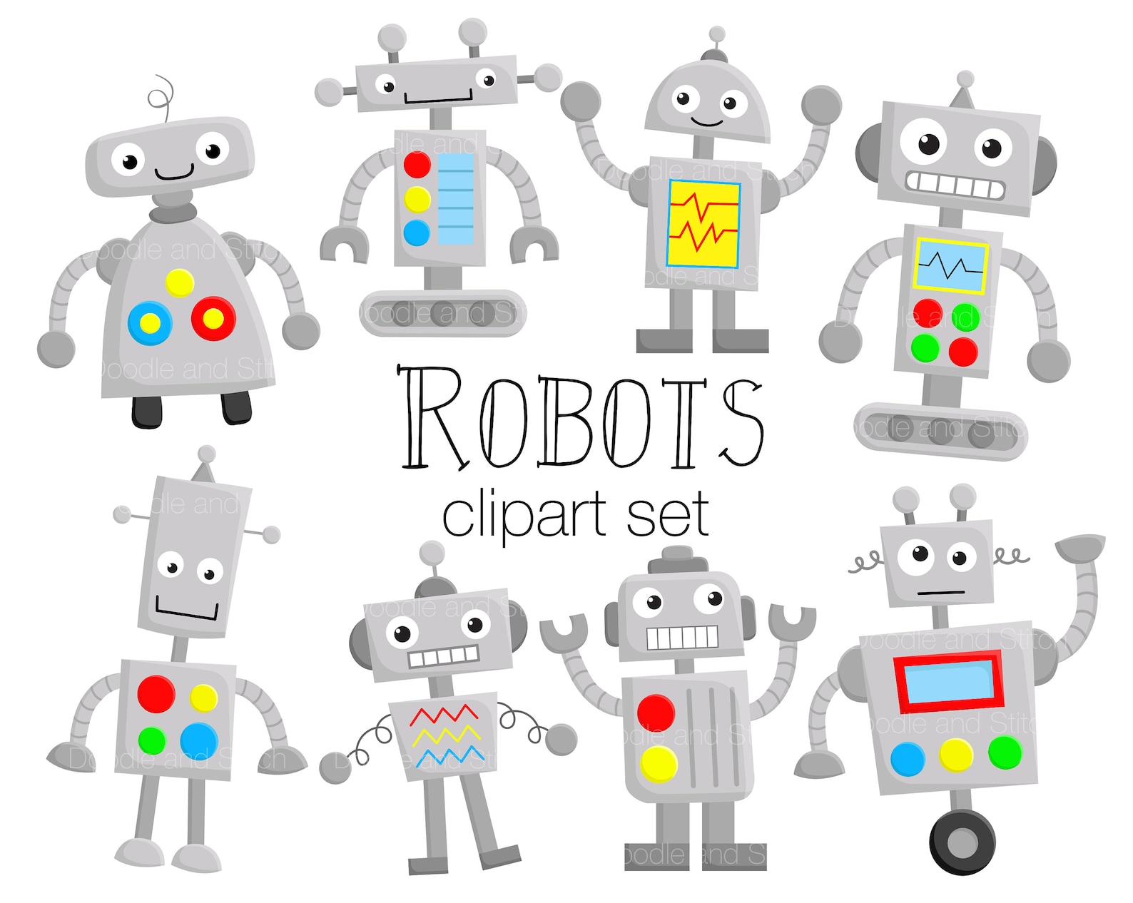 Robot Clipart Set, Cute Robots Clip Art Designs, Fun Robot Vector ...