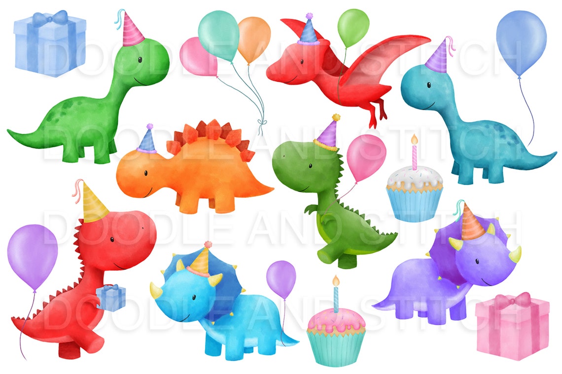 Dinosaur Party Clipart Set Watercolor Dino Party Clip Art | Etsy