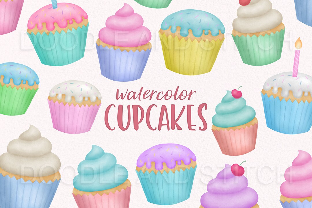 Cupcake Clipart Set, Cute Watercolor Cupcake Clip Art Illustrations ...