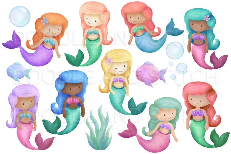 Watercolor Mermaid Clipart Designs Cute Mermaid Clip Art | Etsy