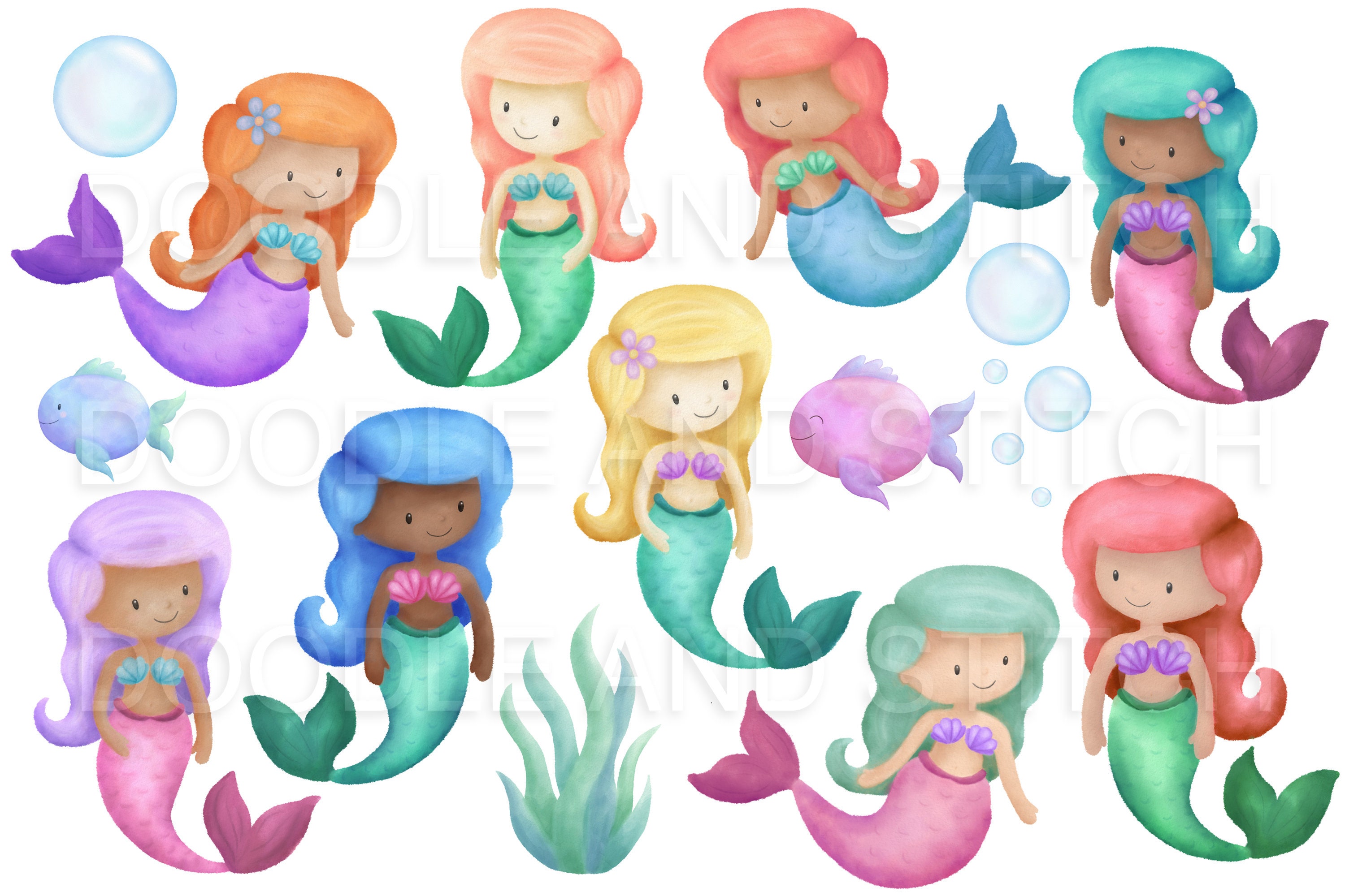 Watercolor Mermaid Clipart Designs, Cute Mermaid Clip Art Illustrations ...