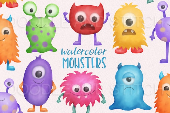 Watercolor Monsters Clipart Set Cute Watercolour Monsters - Etsy
