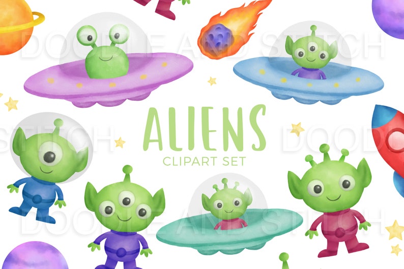 Aliens Clipart Set, Cute Alien Clip Art Illustrations, Watercolor ...