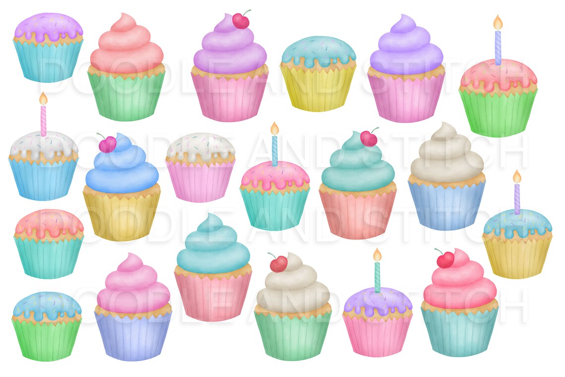 Cupcake Clipart Set, Cute Watercolor Cupcake Clip Art Illustrations ...