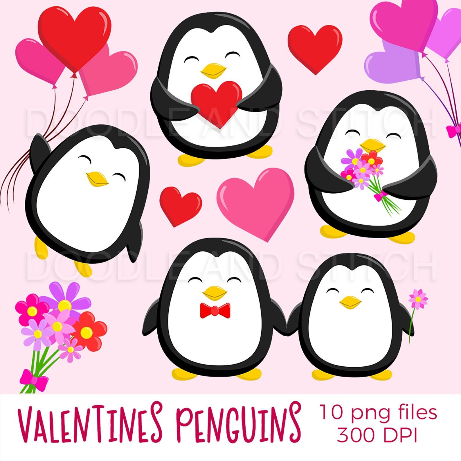 Valentines Penguin Clipart Set Cute Penguin Clip Art | Etsy