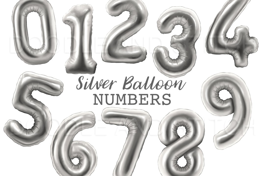 Silver Balloon Numbers Clipart, Metallic Birthday Balloon Illustrations ...