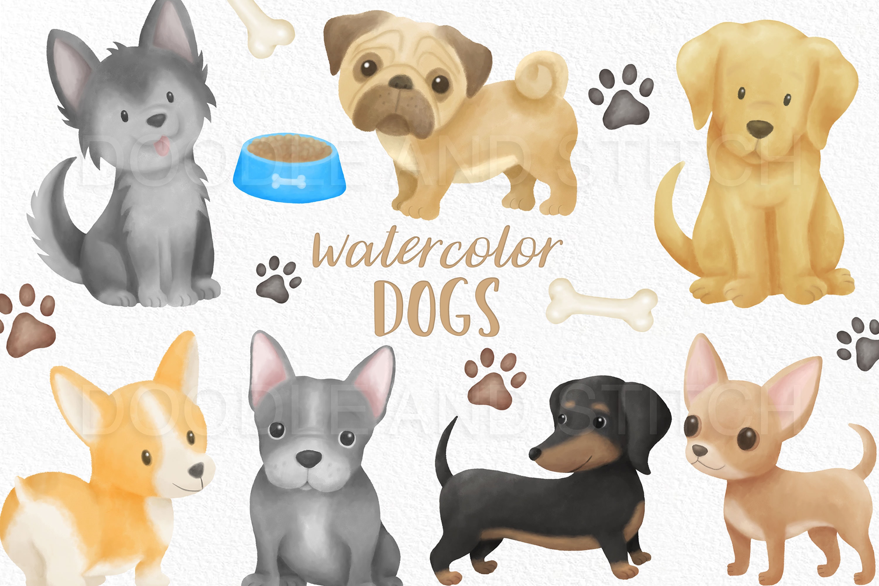 Watercolor Dogs Clipart Illustrations Cute Dog Breeds Clip | Etsy UK