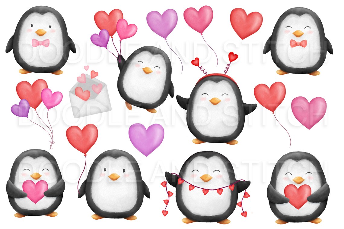 Valentines Penguins Watercolor Clipart Valentines Clipart - Etsy
