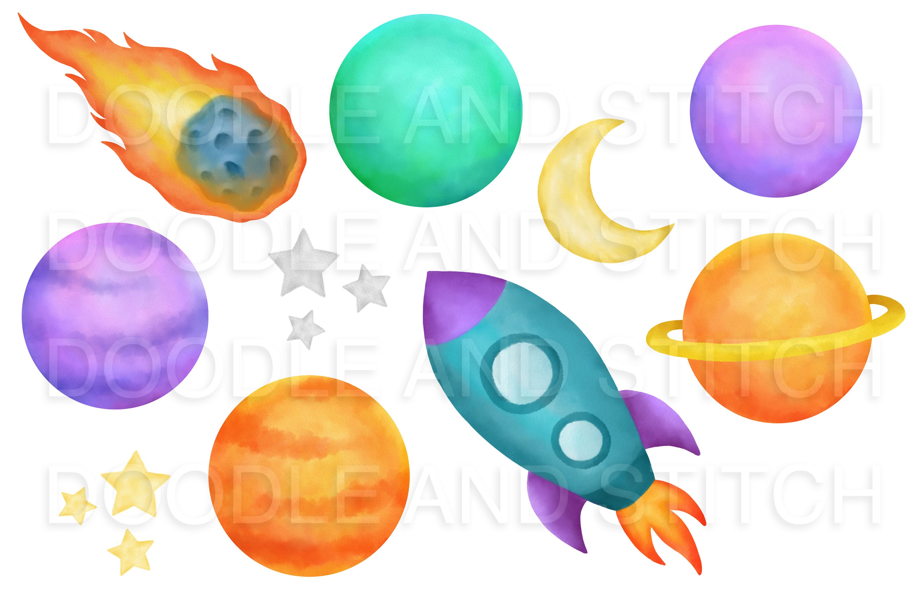 Space Clipart Set, Watercolor Space Illustrations, Watercolor Planets ...