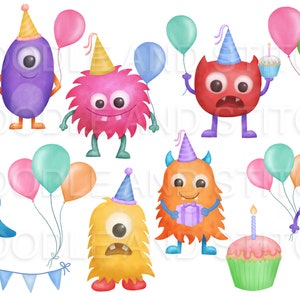 Monster Party Clipart Set, Birthday Monsters Watercolor Clip Art, Party ...