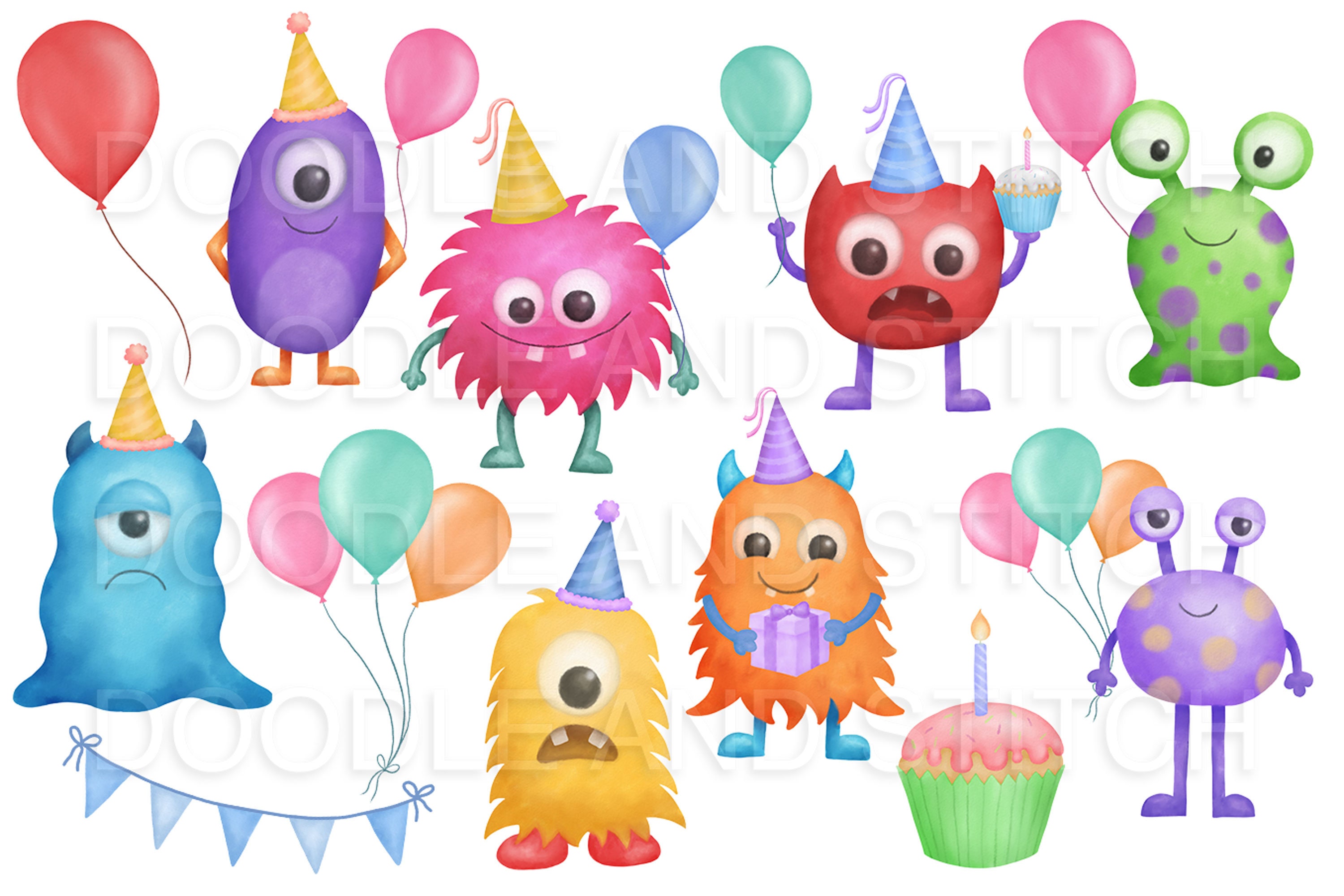Monster Party Clipart Set, Birthday Monsters Watercolor Clip Art, Party ...