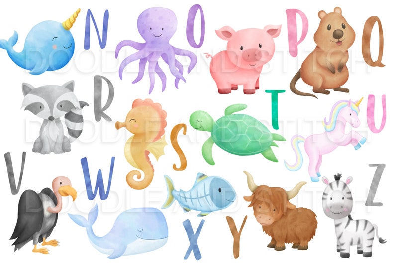 Alphabet Animals Clipart Set, Watercolor A-Z Animals Clip Art Designs ...
