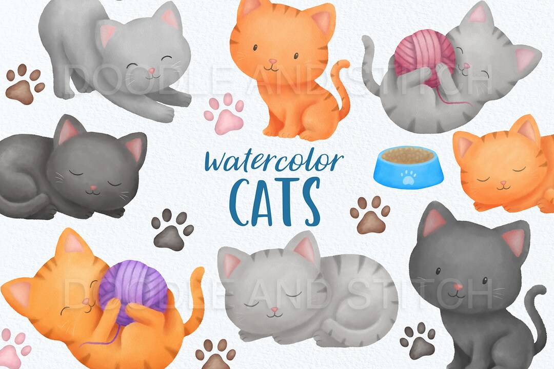 Watercolor Cats, Clipart Illustrations, Cute Cat Art Designs, Pet ...