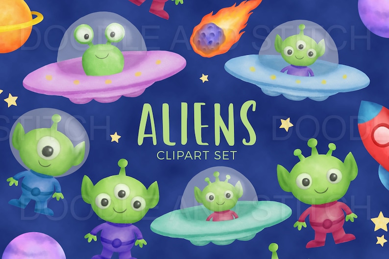 Aliens Clipart Set, Cute Alien Clip Art Illustrations, Watercolor ...