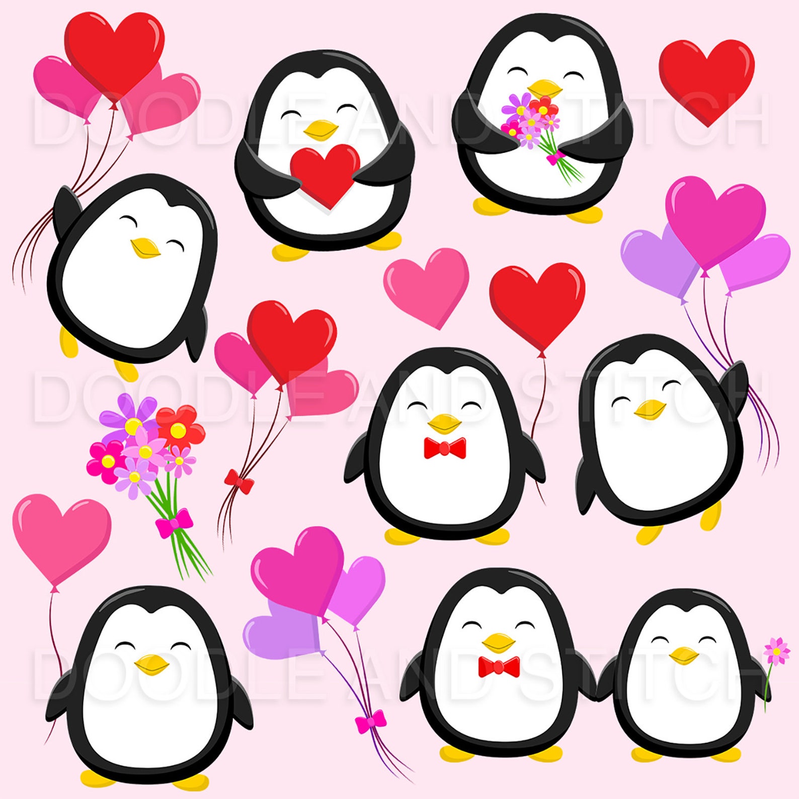 Valentines Penguin Clipart Set Cute Penguin Clip Art - Etsy