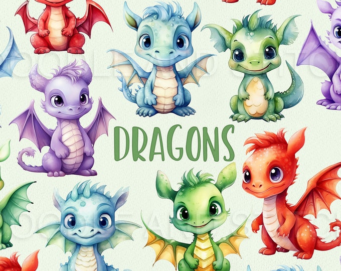 70 Fantasy Dragon Clipart Bundle - Watercolor Ethereal Dragons ...