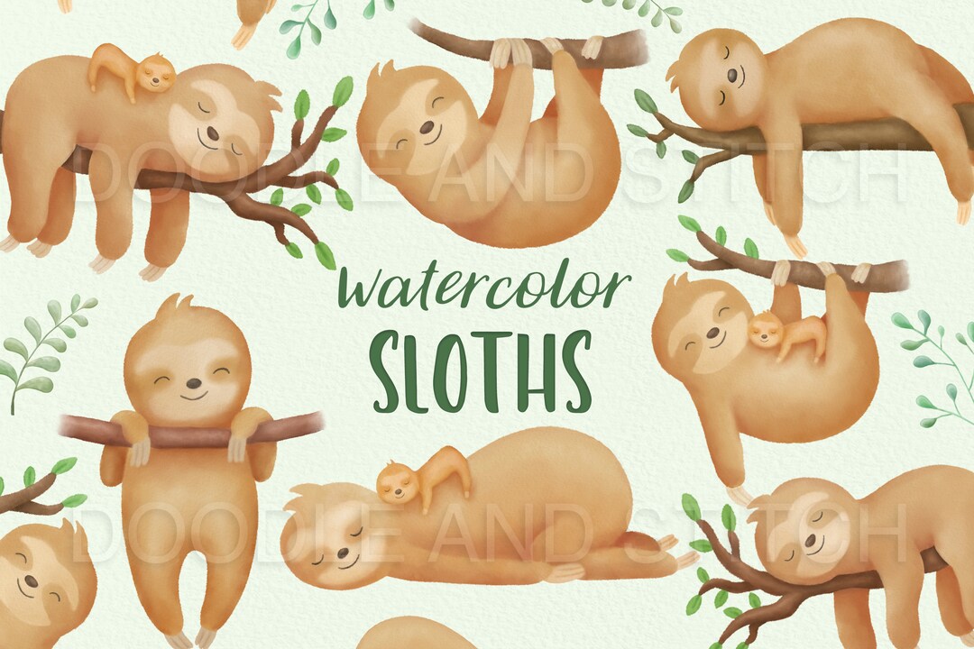 Cute Sloth Watercolor Clipart, Watercolour Sloths Clip Art ...