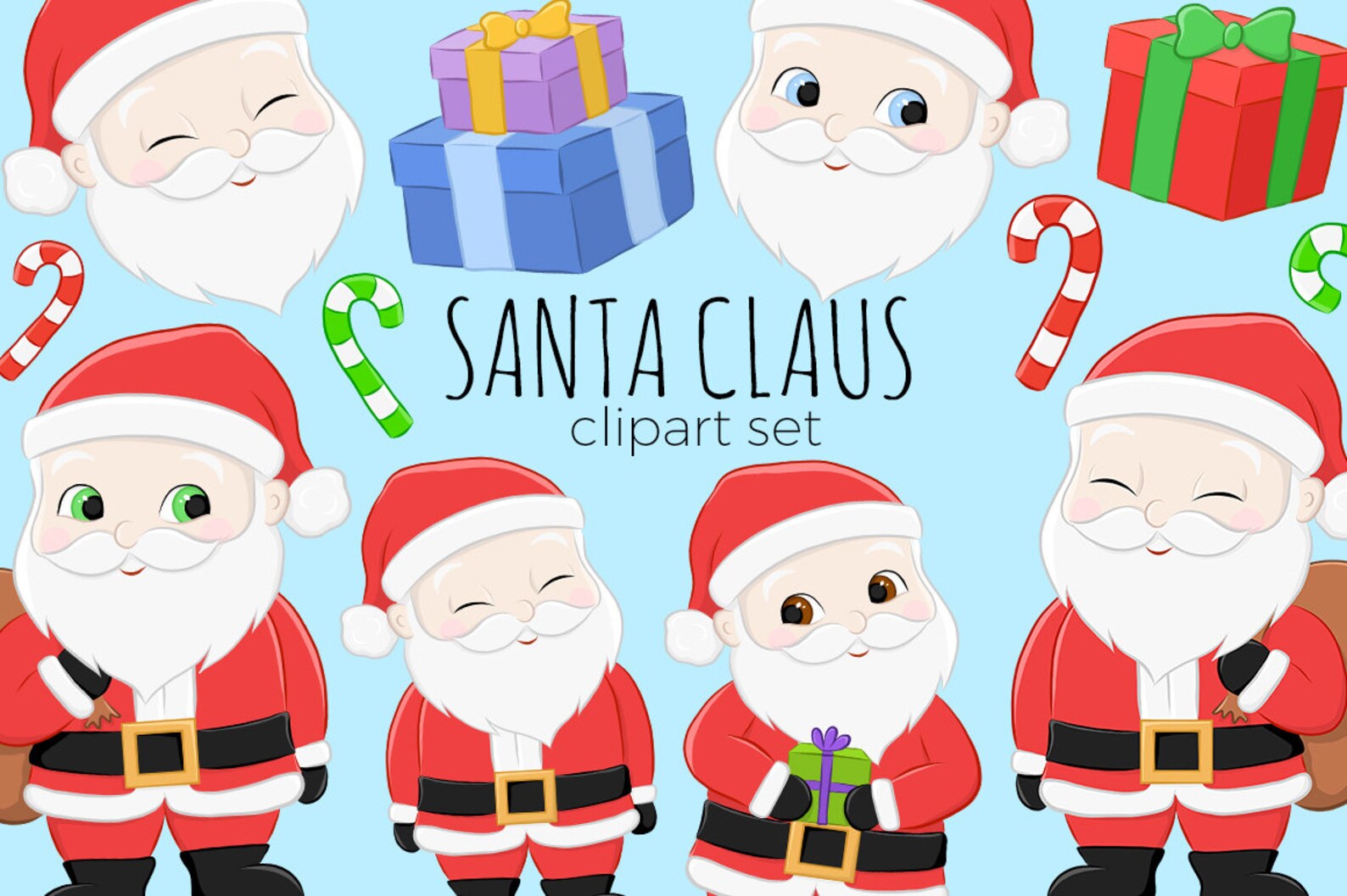 Santa Clipart Set Commercial Use Christmas Clip Art Cute - Etsy