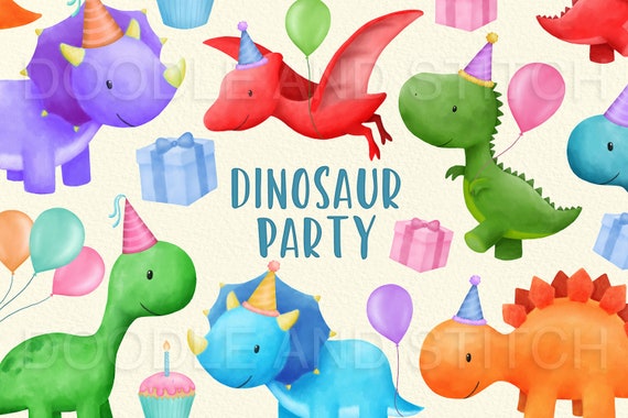 Dinosaur Party Clipart Set Watercolor Dino Party Clip Art | Etsy