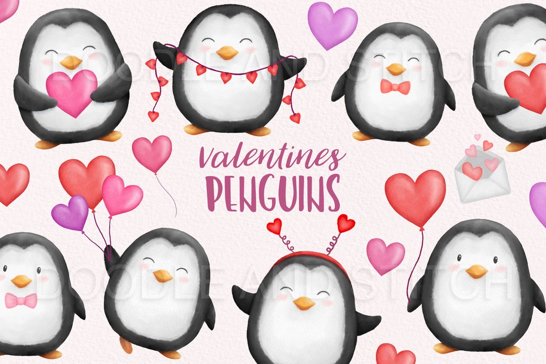 Valentines Penguins Watercolor Clipart, Valentines Clipart, Cute ...