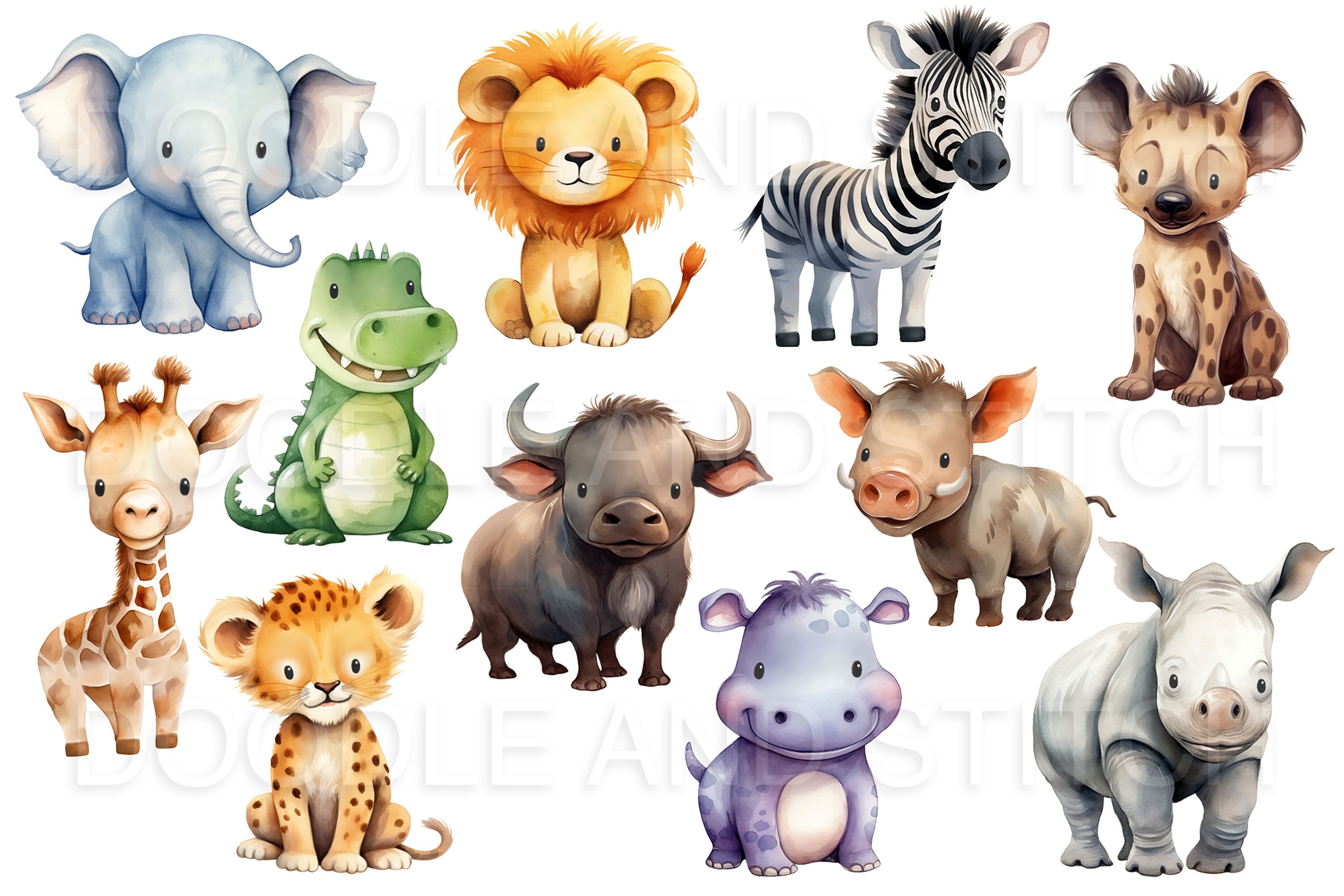 African Animals Watercolor Clipart Set, Cute Safari Animals Clip Art ...