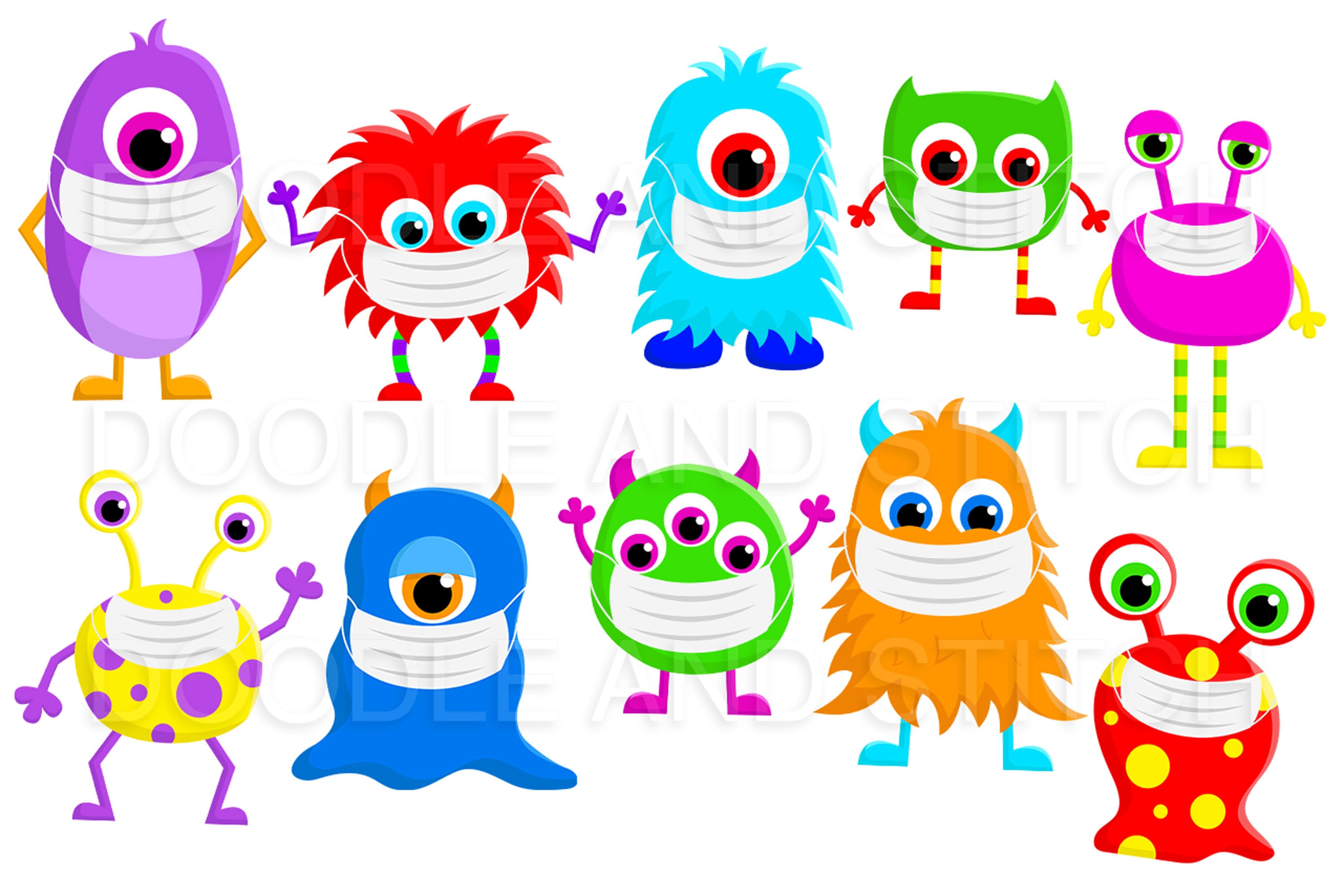 Monsters Wearing Face Masks Cute Monster Clipart Face Mask | Etsy