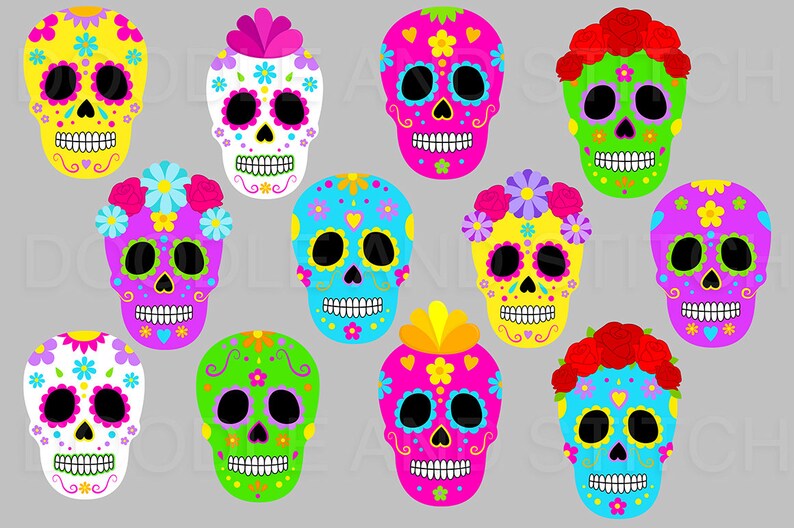 Day of the Dead Clipart, Sugar Skulls Clip Art Set, Halloween Skulls ...
