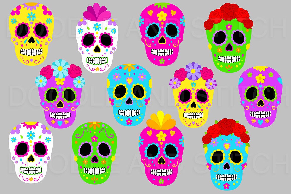 Day of the Dead Clipart, Sugar Skulls Clip Art Set, Halloween Skulls ...