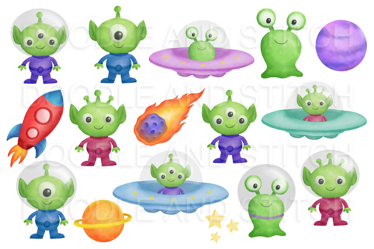 Aliens Clipart Set, Cute Alien Clip Art Illustrations, Watercolor ...