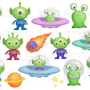 Aliens Clipart Set, Cute Alien Clip Art Illustrations, Watercolor ...