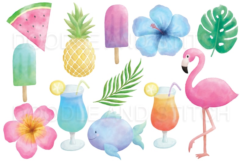 Tropical Summer Watercolor Clipart Illustrations Tropical - Etsy