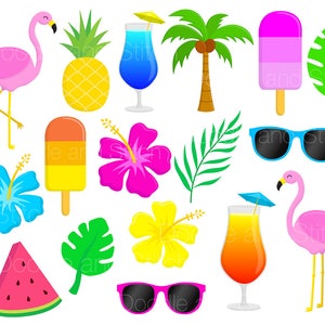 Tropical Clipart Pictures, Summer Clip Art Set, Flamingo Illusrations ...