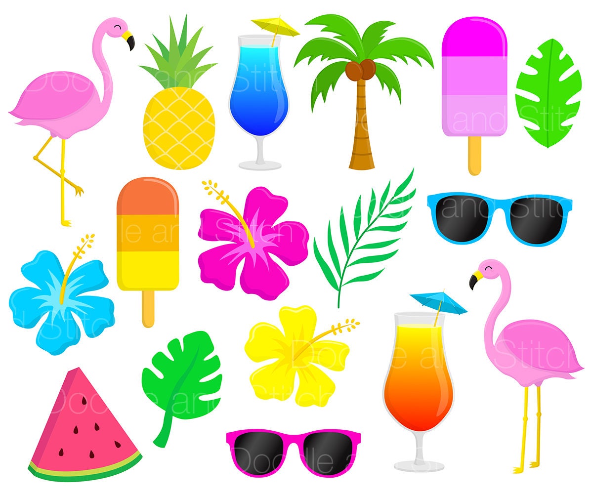 Tropical Clipart Pictures, Summer Clip Art Set, Flamingo Illusrations ...