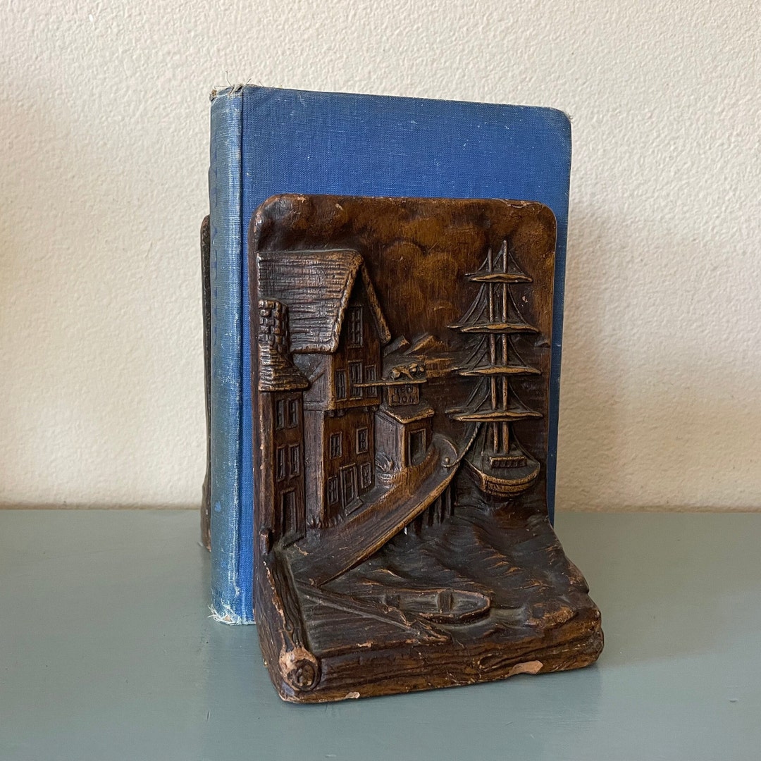 Vintage Syroco Wood Bookends - Nautical Bookends - Syroco Wood Red Lion ...