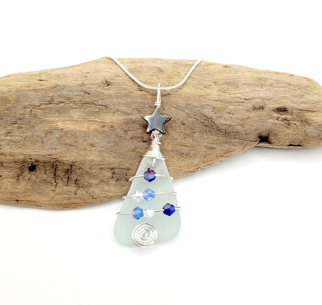 Genuine Sea Glass Christmas Tree Pendant: Coastal Ornament With Crystal ...