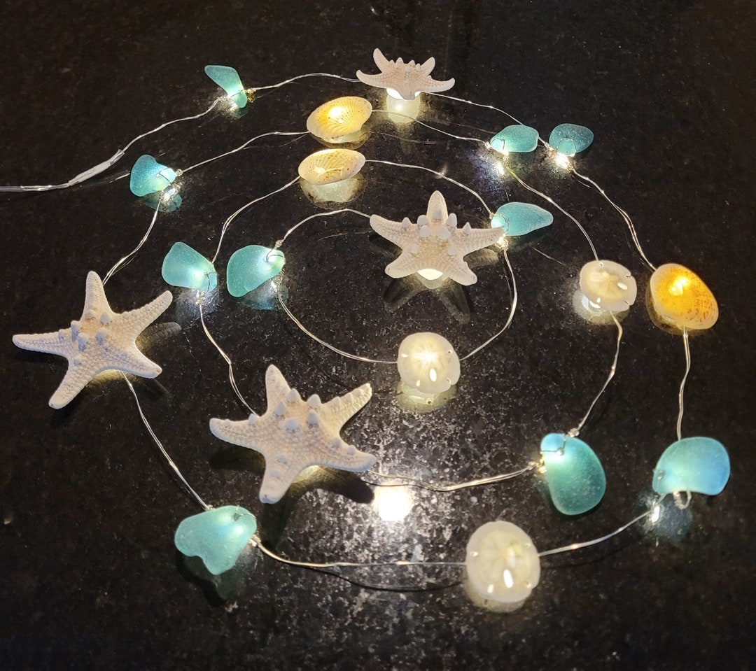 Genuine Sea Glass Lights/beach Garland/shell Starfish Sand Dollar ...