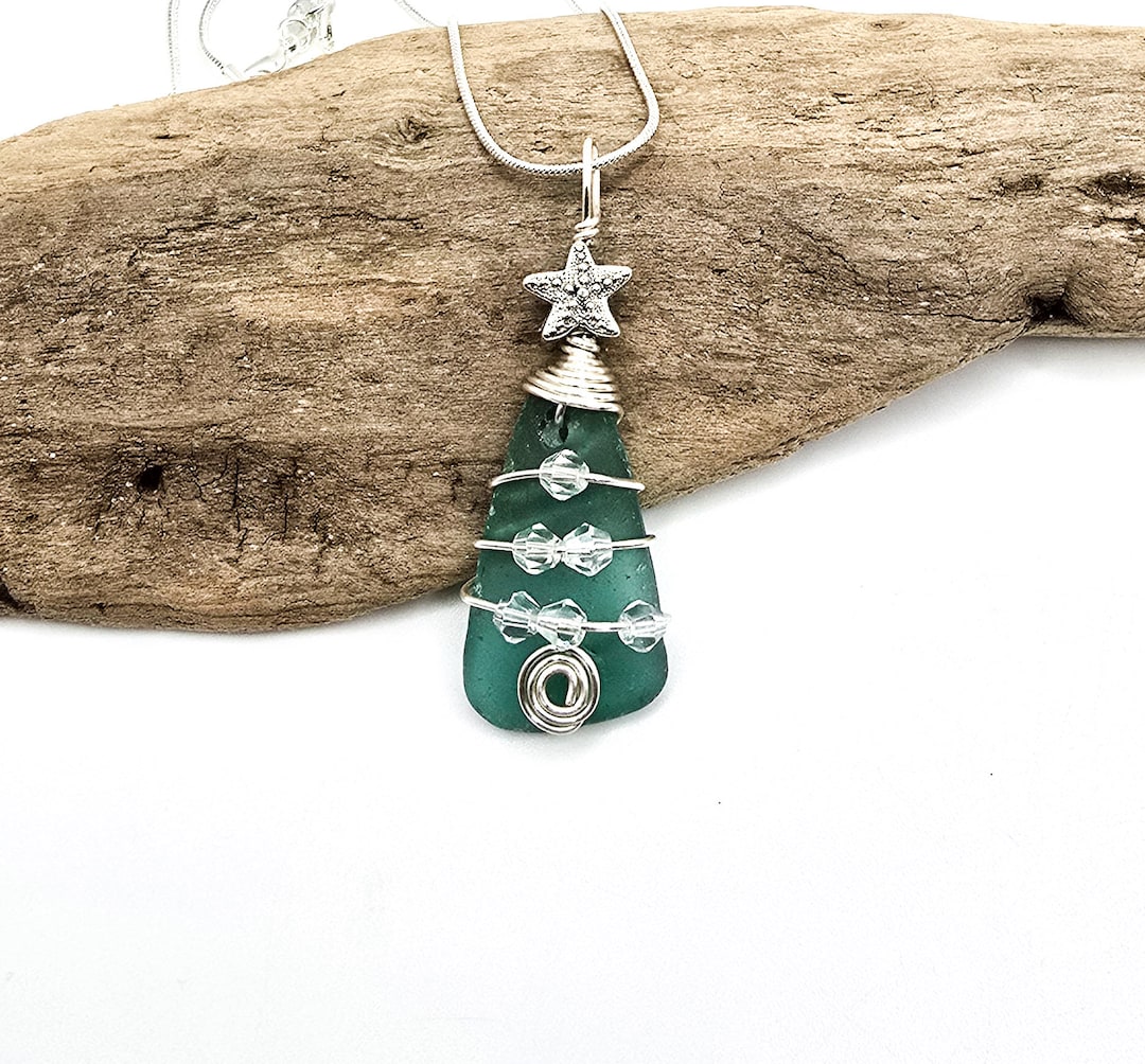 Sea Glass Christmas Tree Pendant: Coastal Ornament With Crystal Beads ...