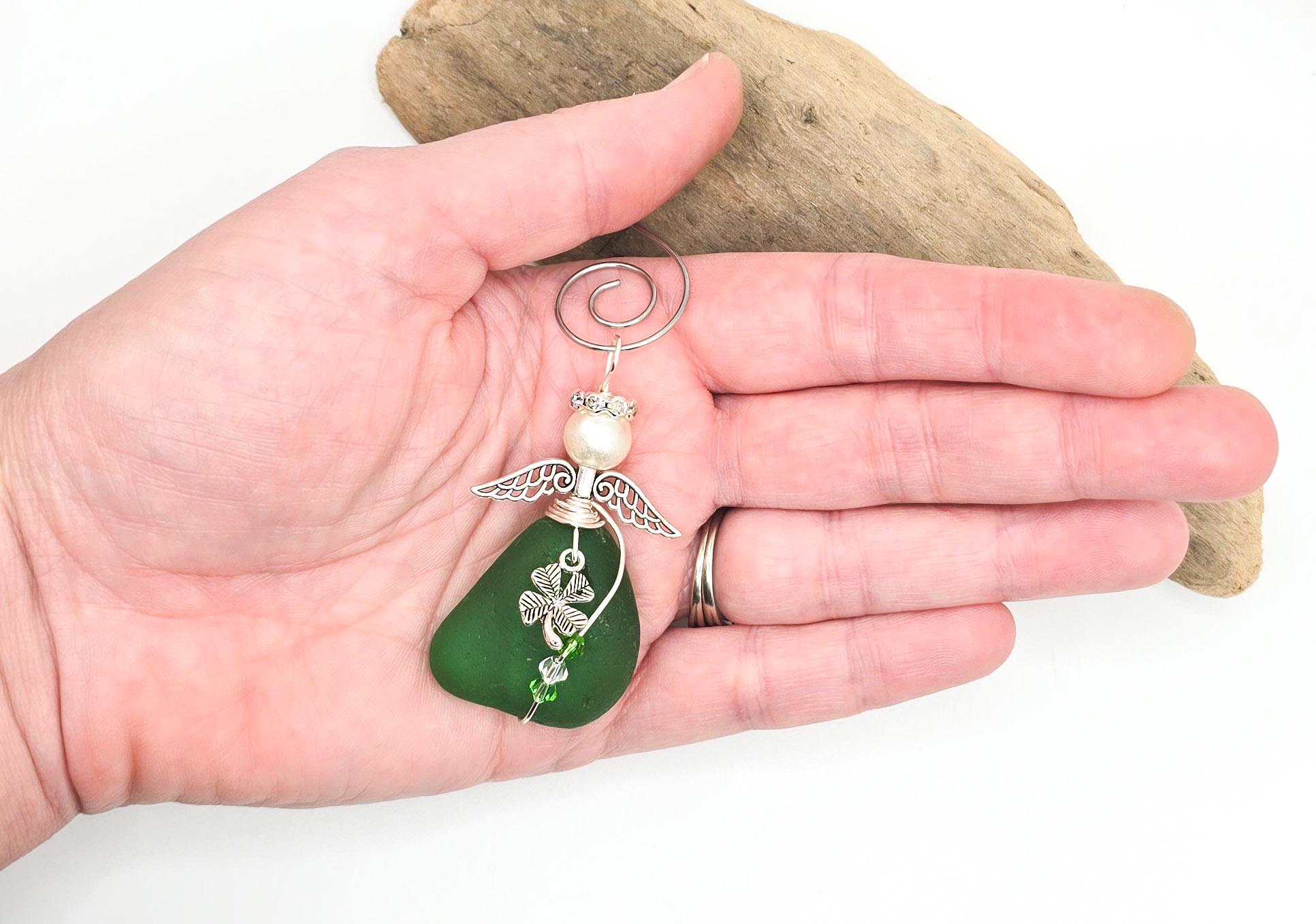 Genuine Sea Glass Angel With Shamrock/angel Car Charm/angel Pendant ...