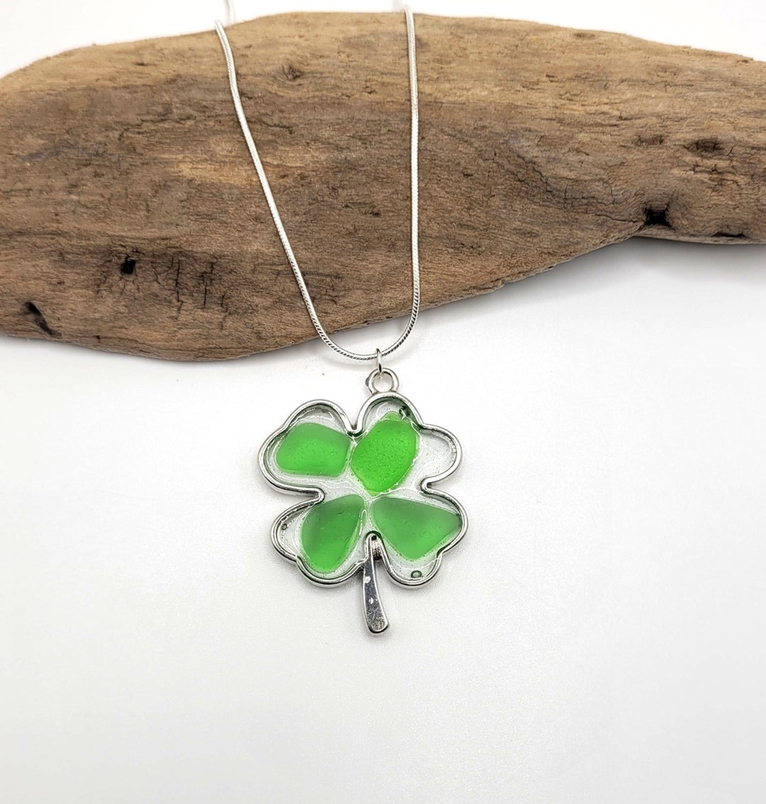 Genuine Sea Glass Necklace/large Sea Glass Shamrock Necklace/st ...