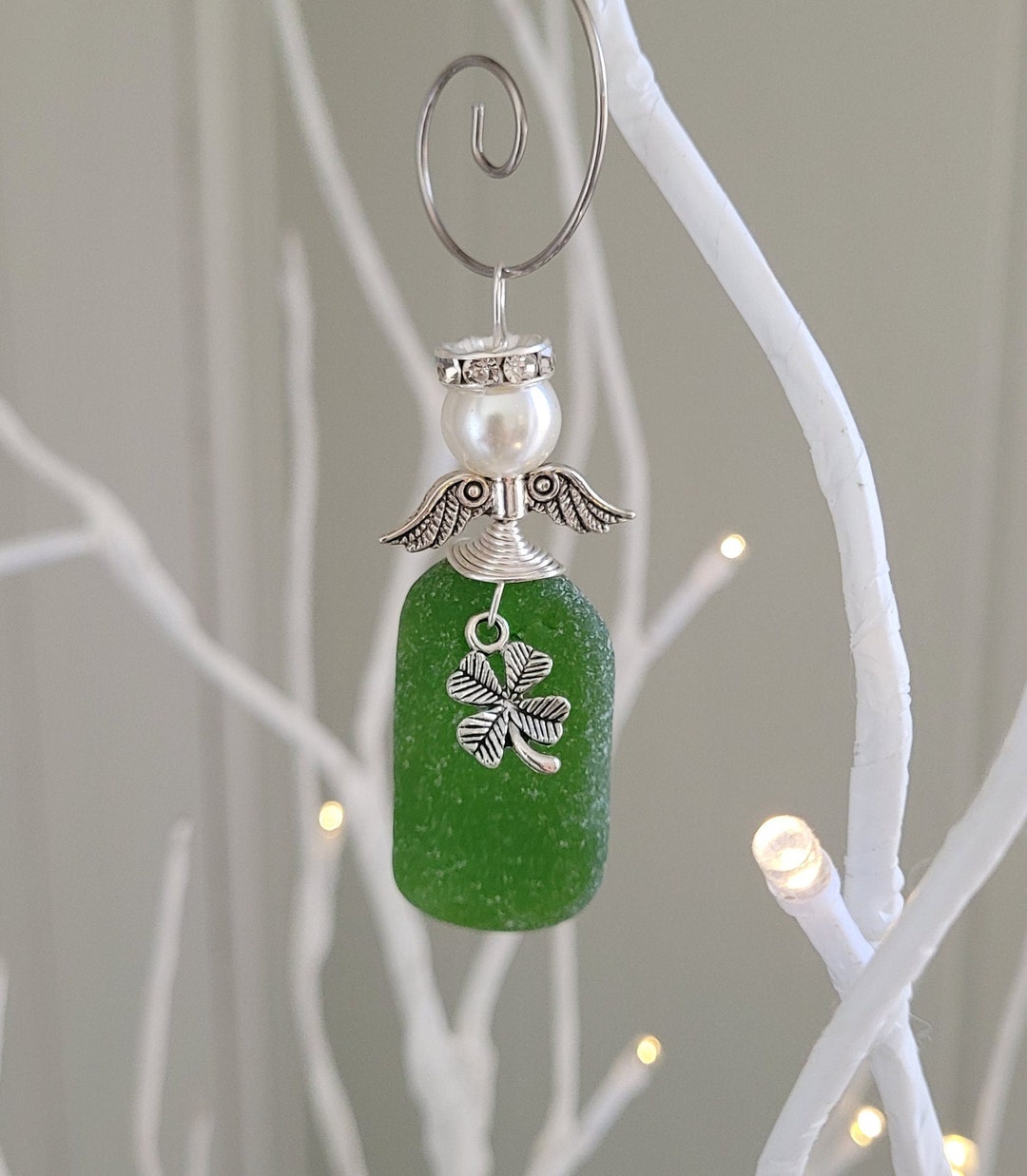 Genuine Sea Glass Angel With Shamrock/angel Car Charm/angel Pendant ...