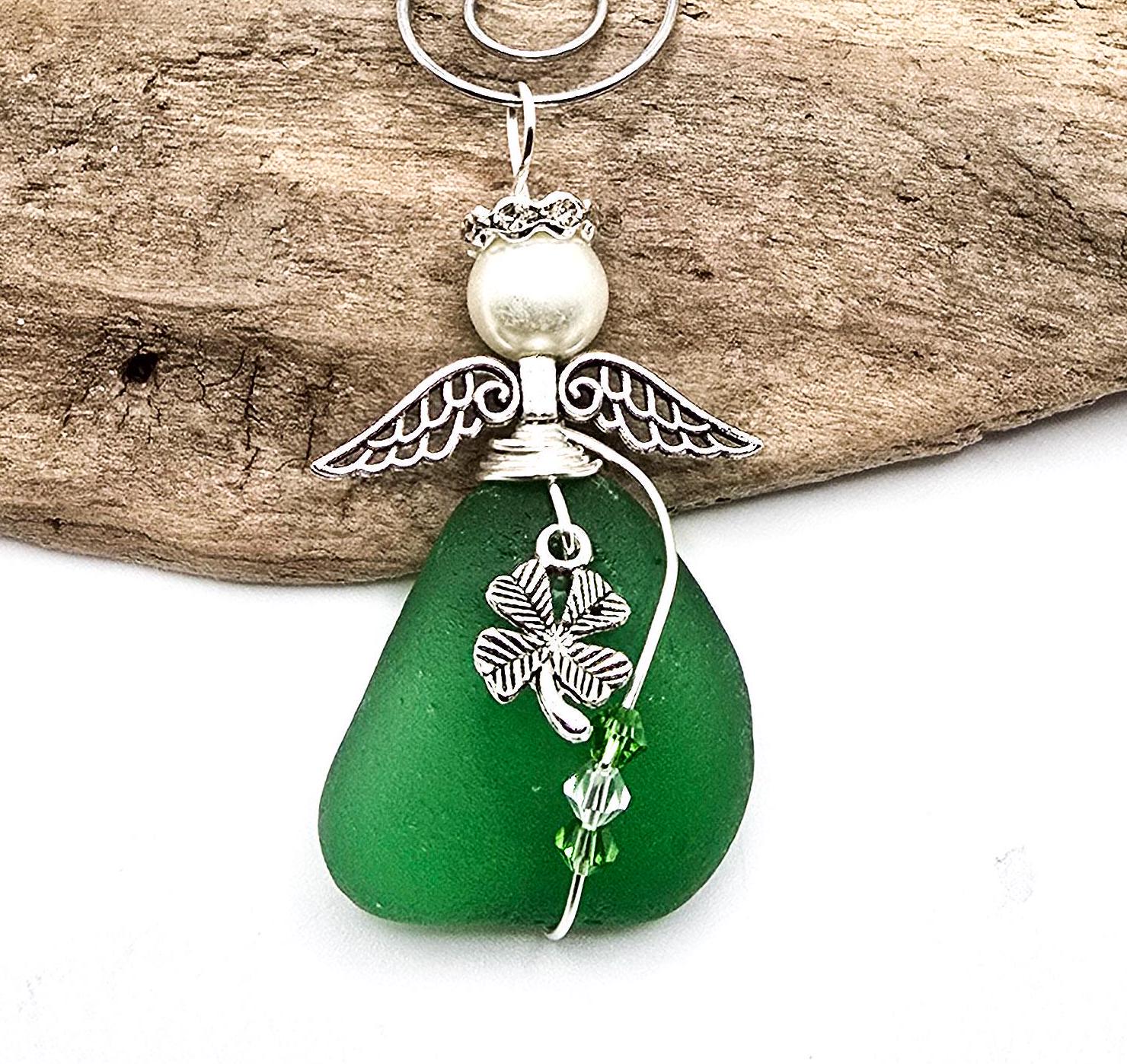 Genuine Sea Glass Angel With Shamrock/angel Car Charm/angel Pendant ...