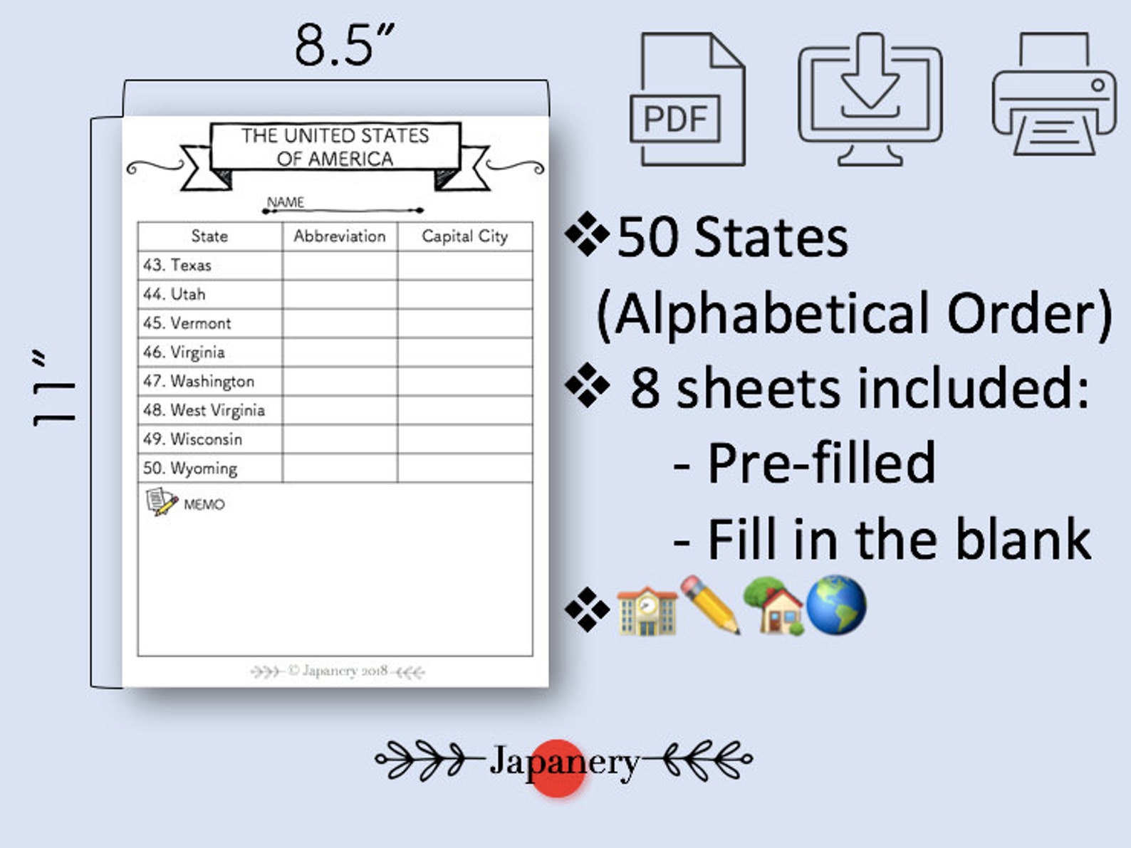 USA State Abbreviation/capital City Chart|handout|printable - Etsy