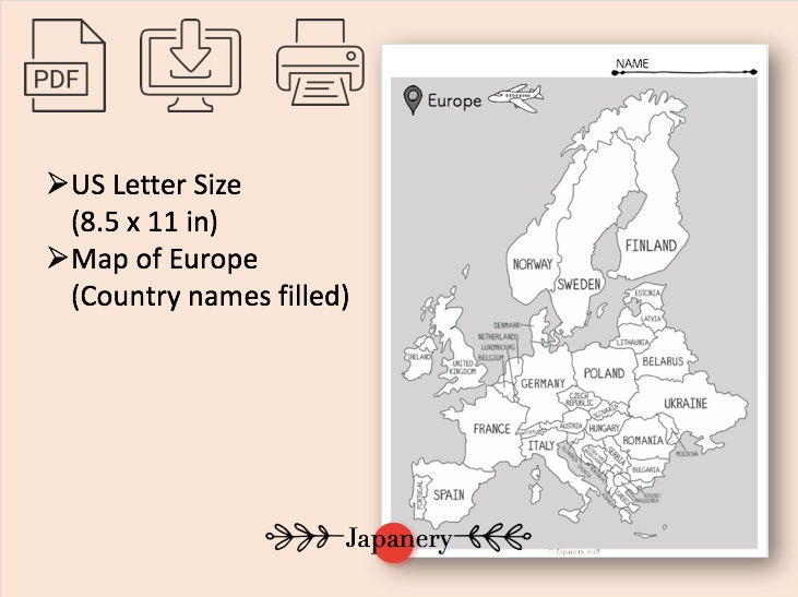 Europe Map Printable - Etsy