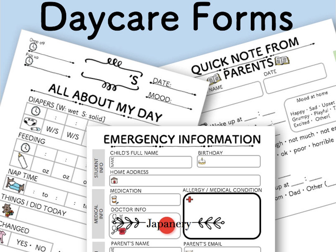 Daycare Daily Report Log Form/ Emergency Contact Form/ Daycare Starter ...