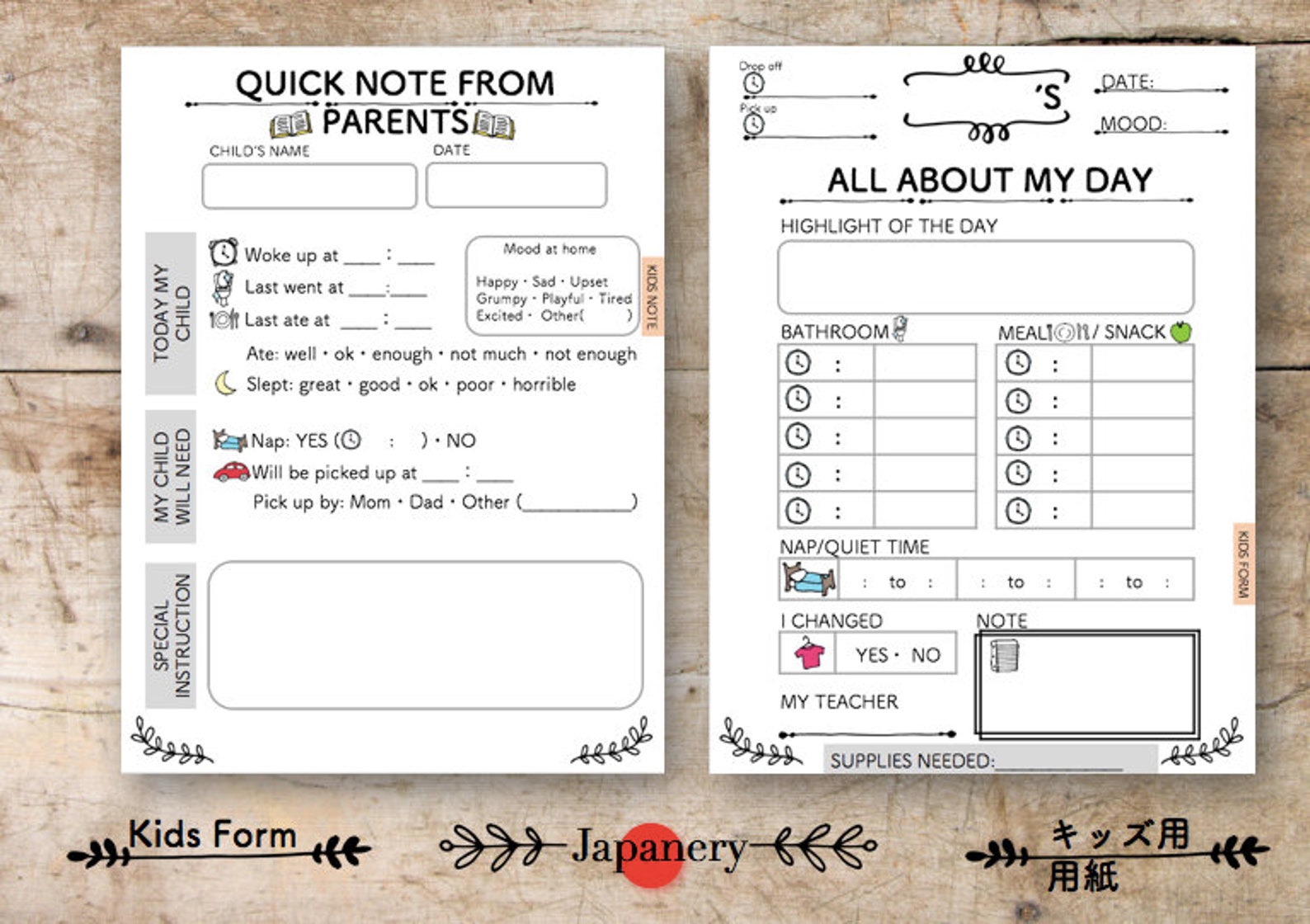 Daycare Daily Report Log Form/ Emergency Contact Form/ Daycare Starter ...