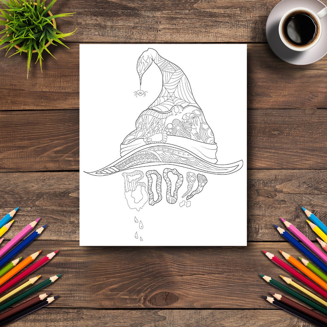 Halloween Witch Hat Coloring Page: Zentangle Spider Art (printable PDF ...