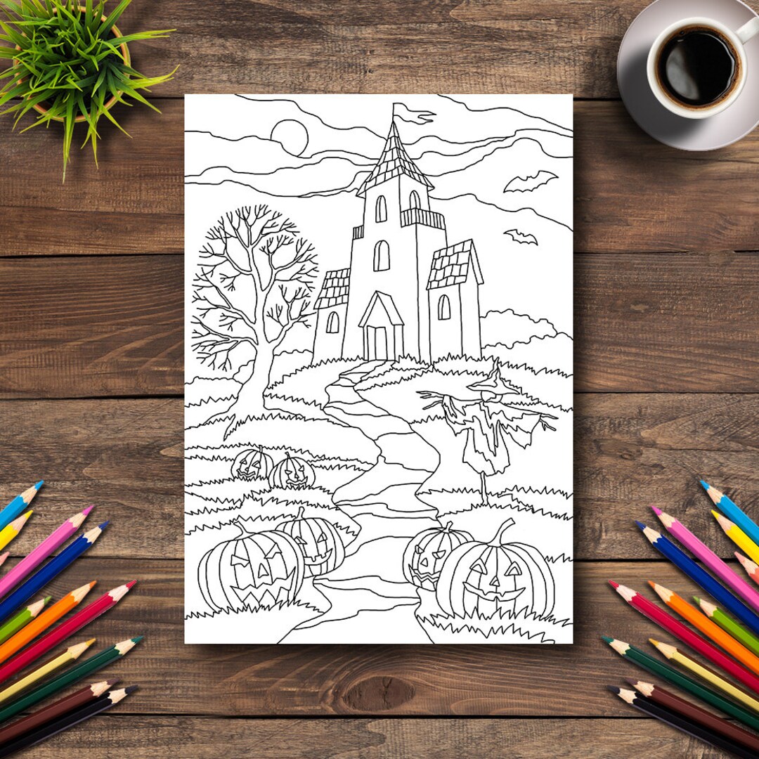 Halloween Coloring Page: Haunted House, Pumpkins, Scarecrow (printable ...