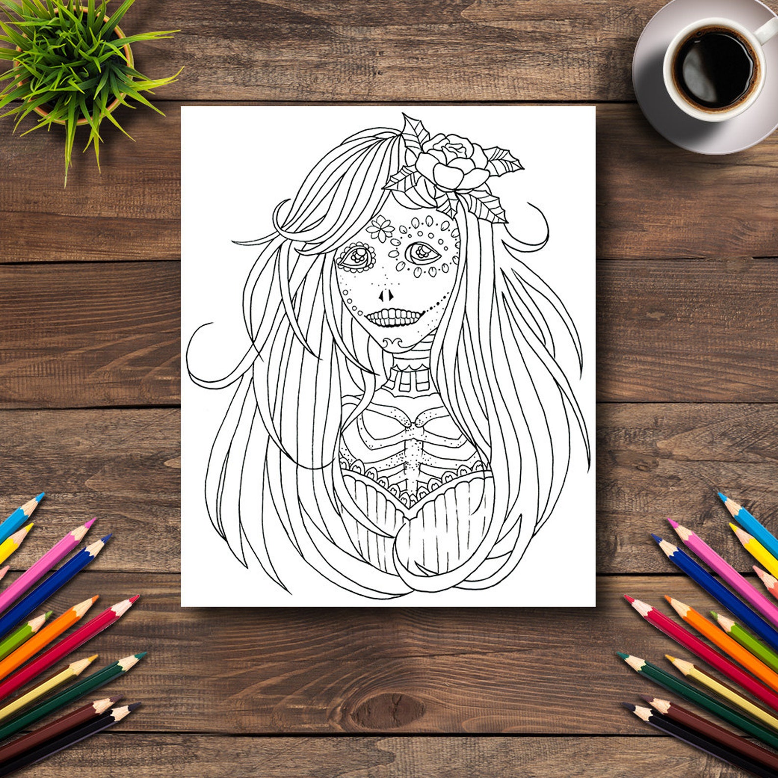 Day of the Dead Coloring Page 20 DIGITAL printable PDF Illustration ...