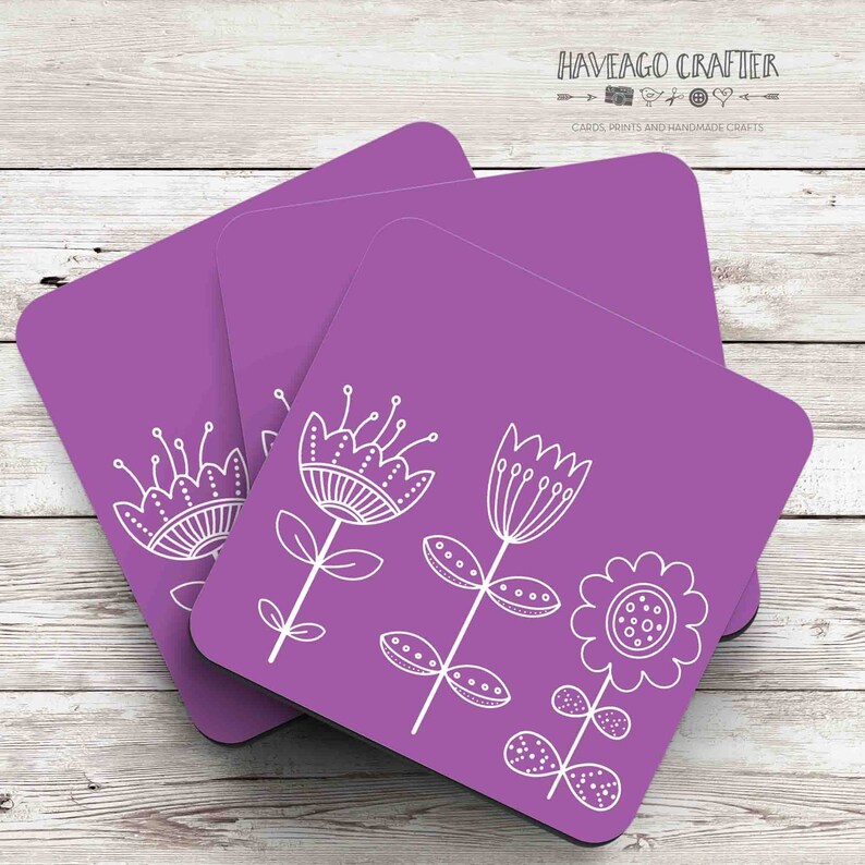 Floral Doodle Midcentury Modern Design Coaster in Purple, Individual ...